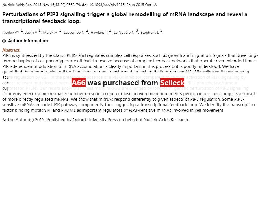 A66 | ≥99%(HPLC) | Selleck | PI3K inhibitor QCFile