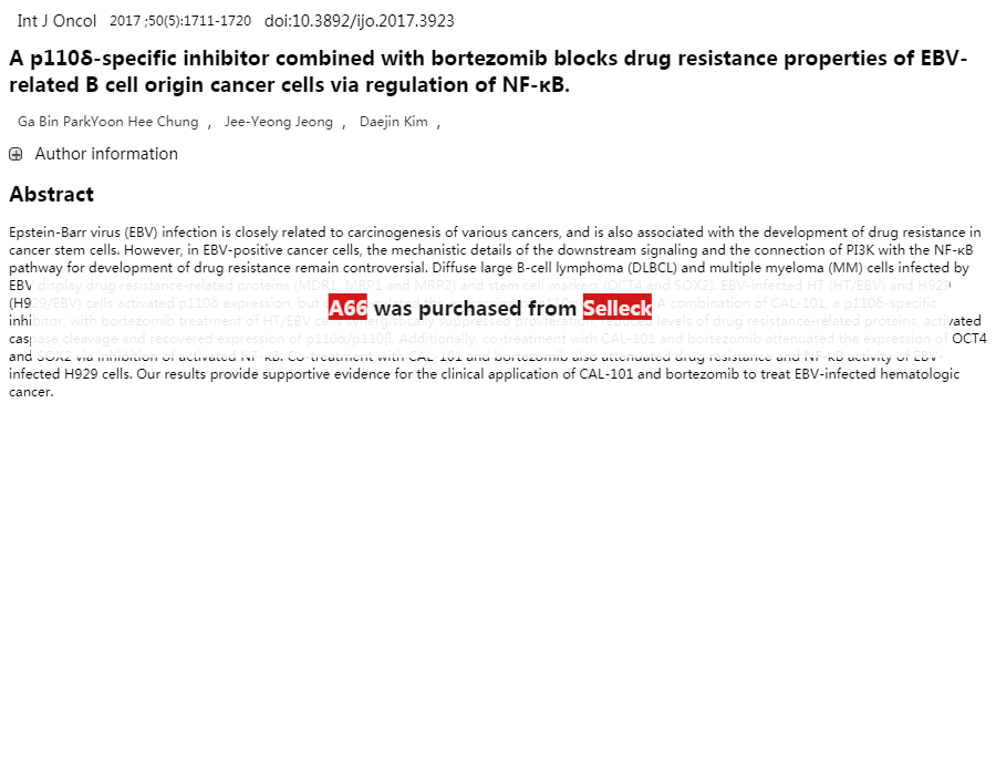 A66 | ≥99%(HPLC) | Selleck | PI3K inhibitor QCFile