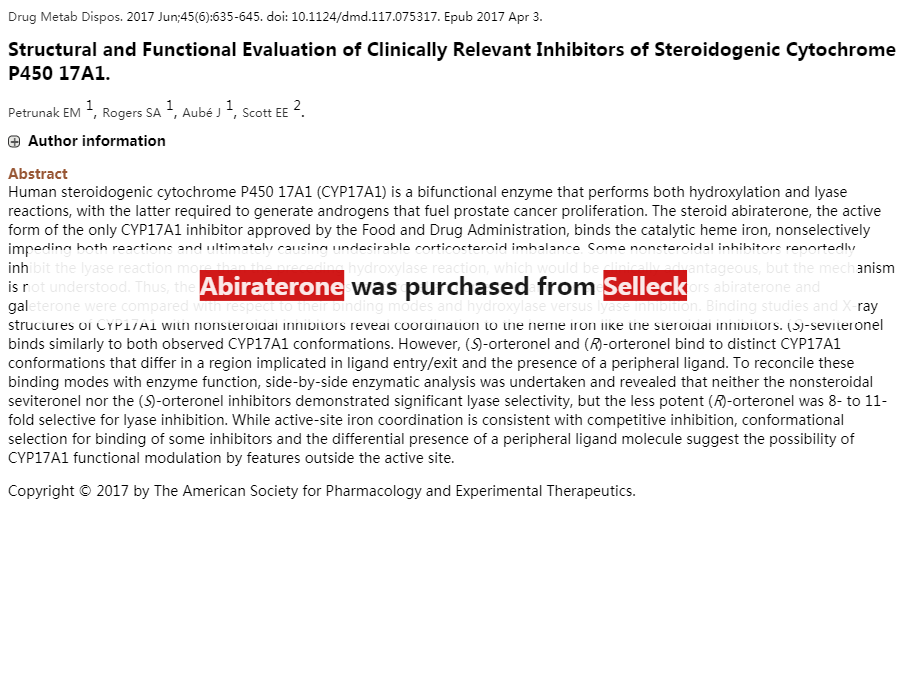 Abiraterone (CB-7598) | ≥99%(HPLC) | Selleck | P450 (e.g. CYP17 ...