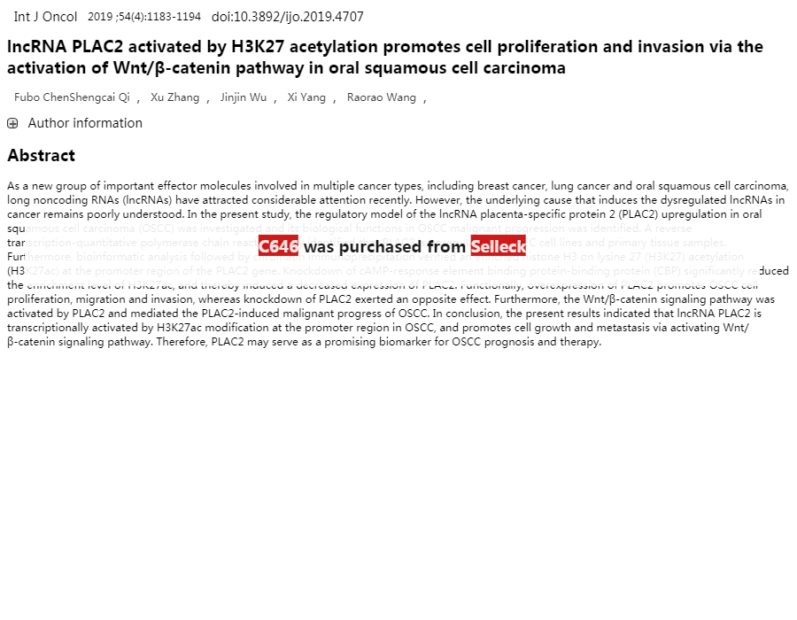 C646 | ≥99%(HPLC) | Selleck | Histone Acetyltransferase inhibitor QCFile