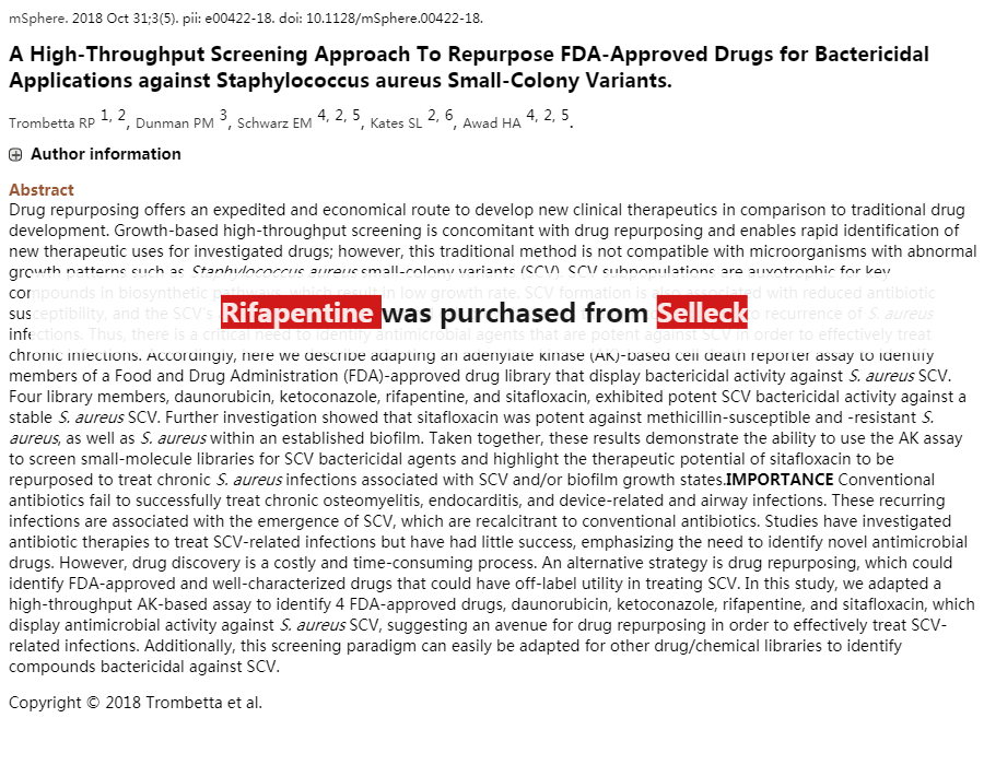 Rifapentine | ≥99%(HPLC) | Selleck | DNA/RNA Synthesis inhibitor